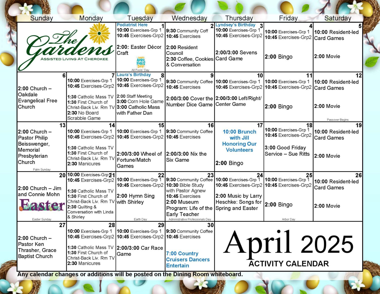 April Activity Calendar | The Gardens of Cherokee